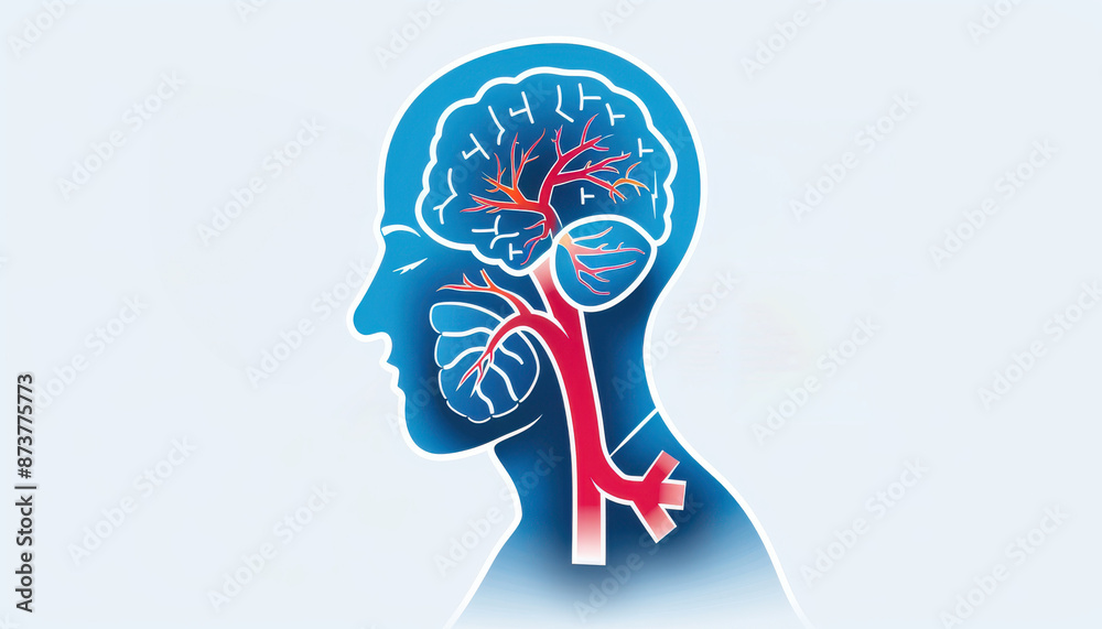 Illustration of human head showing brain structure and blood ...