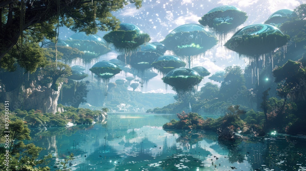 Crystal-clear pools in a forest reflect a sky filled with floating ...