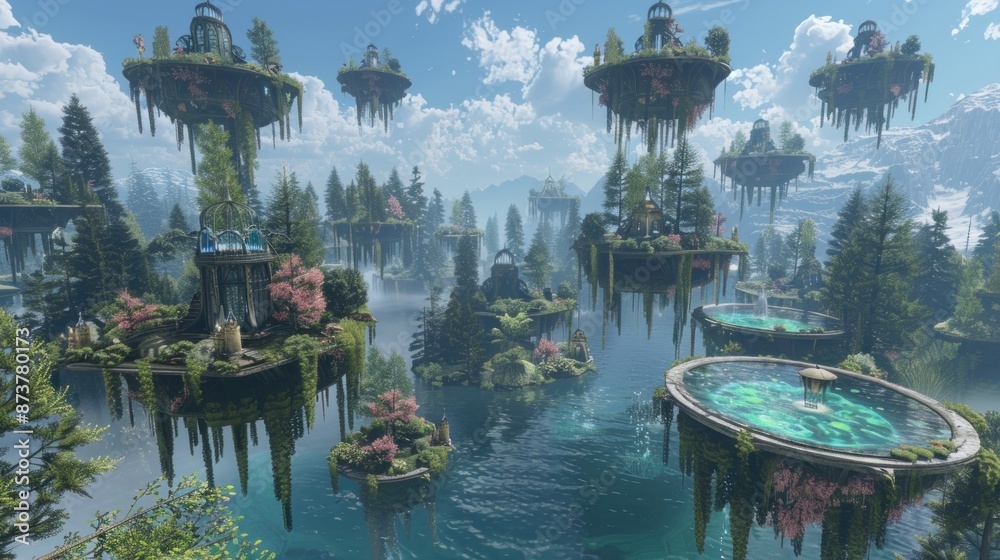 Crystal-clear pools in a forest reflect a sky filled with floating ...