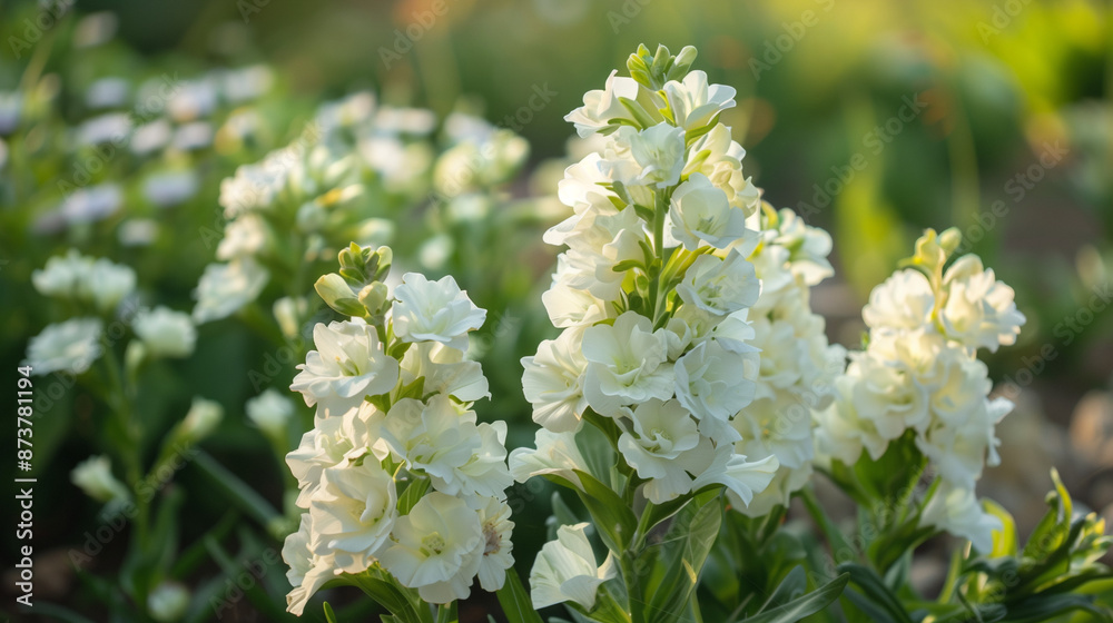 Blooming white Matthiola incana in flower beds is an image of natural ...