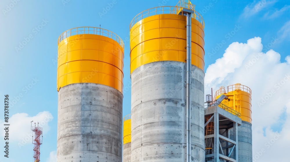 Industrial scene of a cement production facility, large silos and ...
