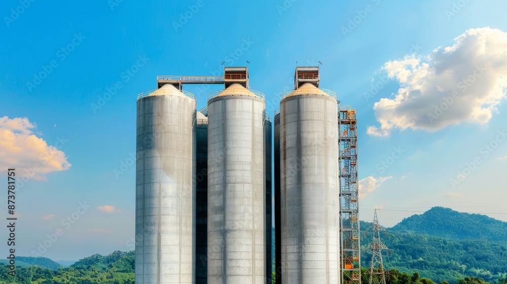 Industrial scene of a cement production facility, large silos and ...