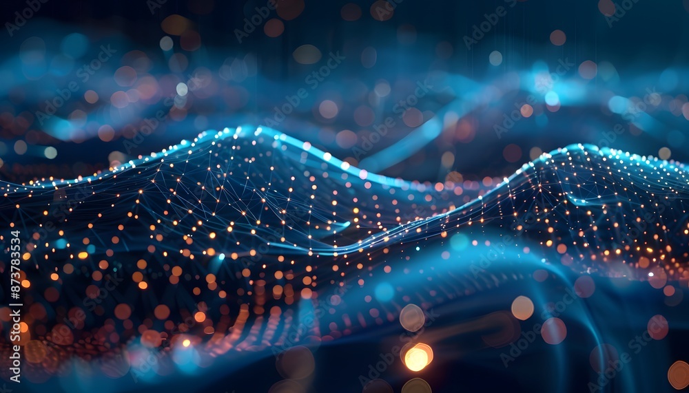 Abstract tech background with interconnected cyber cells and artificial neural connections ...