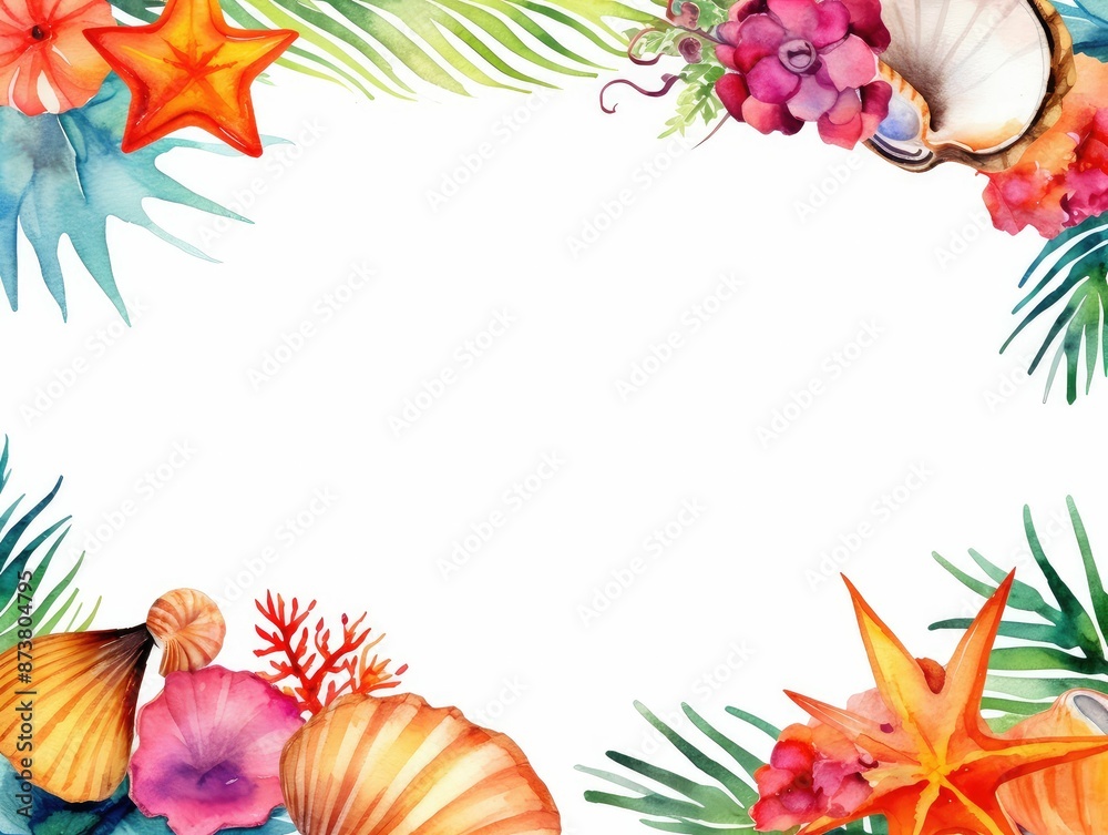 watercolor summer frame or boder with palm trees and seashells ...
