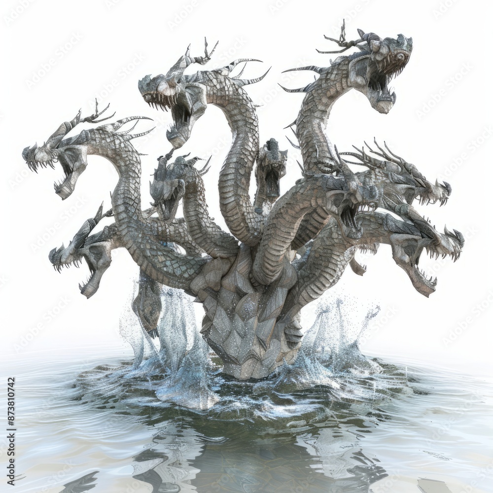 3D Render, Low Poly style of a serpentine hydra with multiple heads ...
