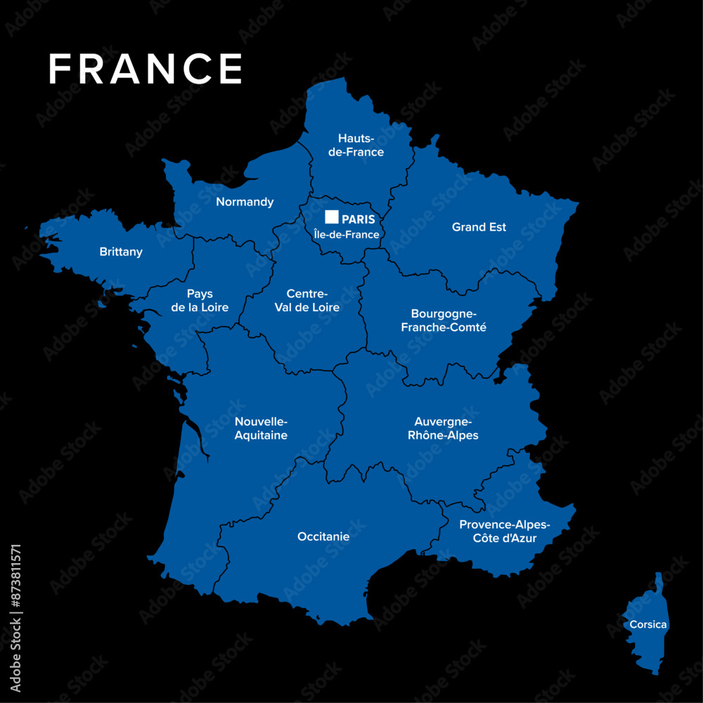 France, dark political map with regions of Metropolitan France. French ...