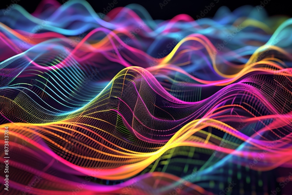 3D rendering of a dynamic wave pattern, featuring a spectrum of vivid ...