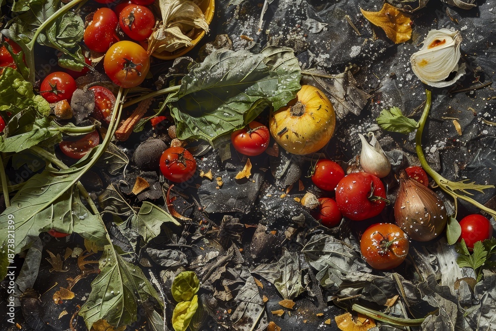 Various types of vegetables lying on the ground in a messy arrangement ...