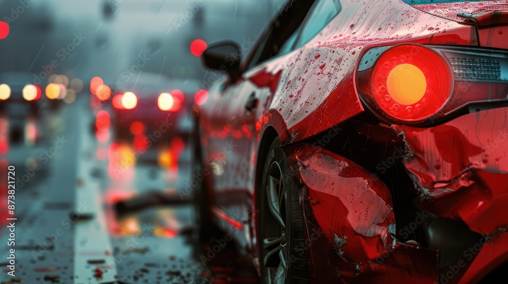 Red car with rear-end damage from a traffic accident, shown in close-up ...