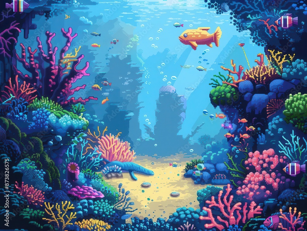 retro underwater video game scene with vibrant coral reef pixel art ...