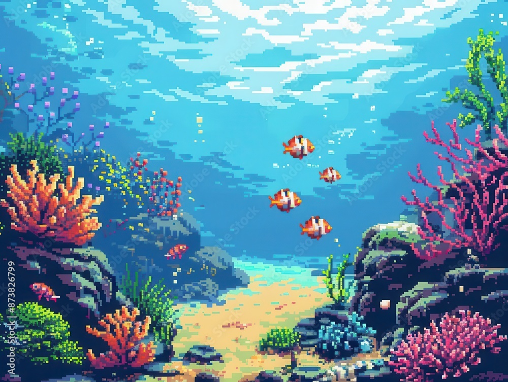 retro underwater video game scene with vibrant coral reef pixel art ...