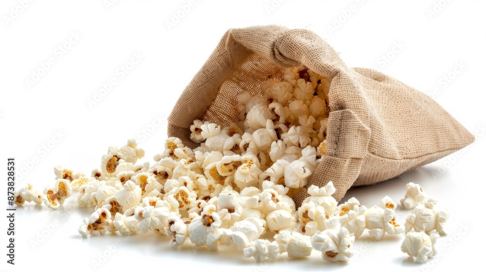 A bag of popcorn is opened, spilling its contents onto a clean white ...