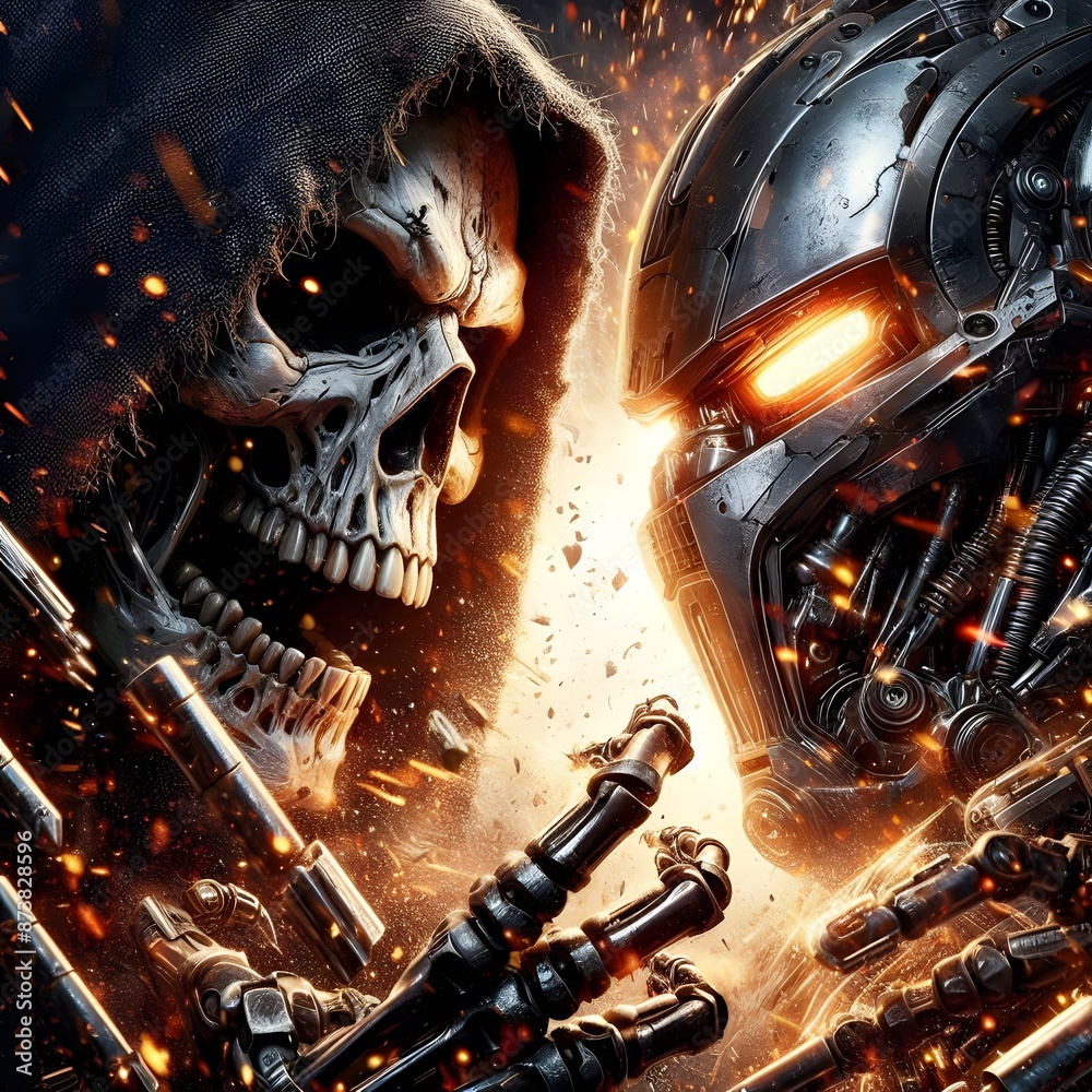 Confrontation of Death and Machine: Grim Reaper vs. Robotic Figure ...