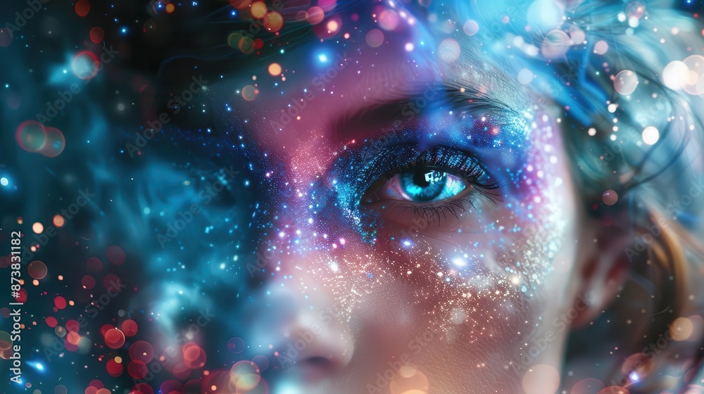 surreal portrait of woman with nebulainspired face paint cosmic eyes ...