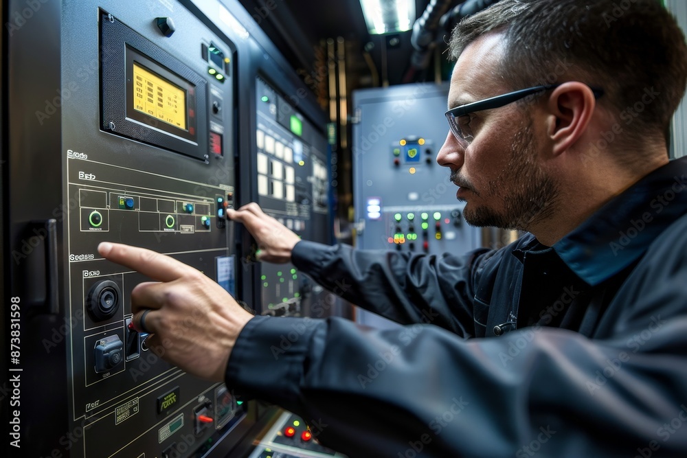 Engineer adjusting control settings on SCADA system in control room, An ...