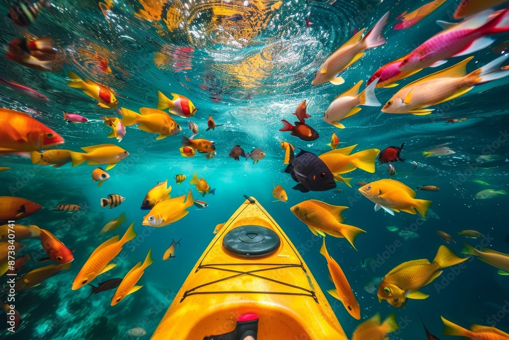 A yellow kayak is surrounded by a large group of fish in the water, An ...
