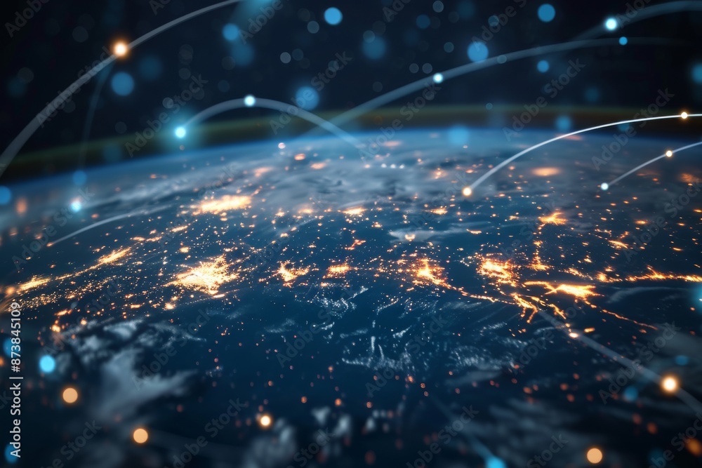 Global network lines linking continents, representing ...
