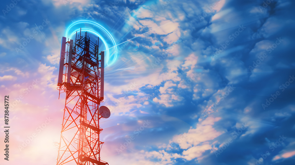 antenna tower as phone base station with radio waves on sky background, illustration concept ...