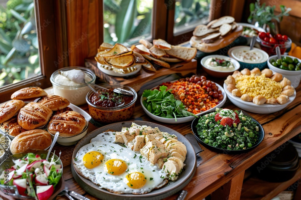 Brunch spread with a variet of dishes pastries. Village Breakfast with ...