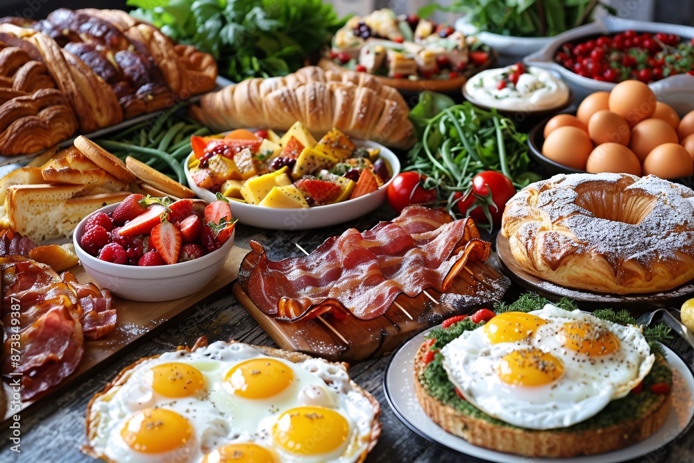 Brunch spread with a variet of dishes pastries. Village Breakfast with ...