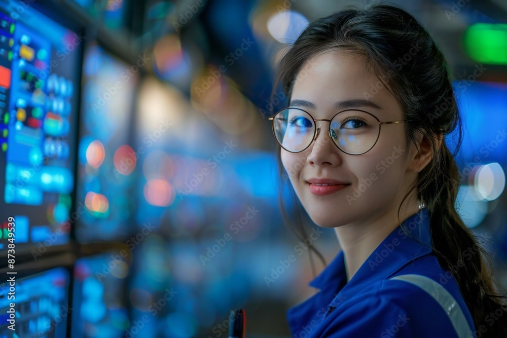 Beautiful smiling Asian cyber security officer with glasses and well-groomed beard confidently ...