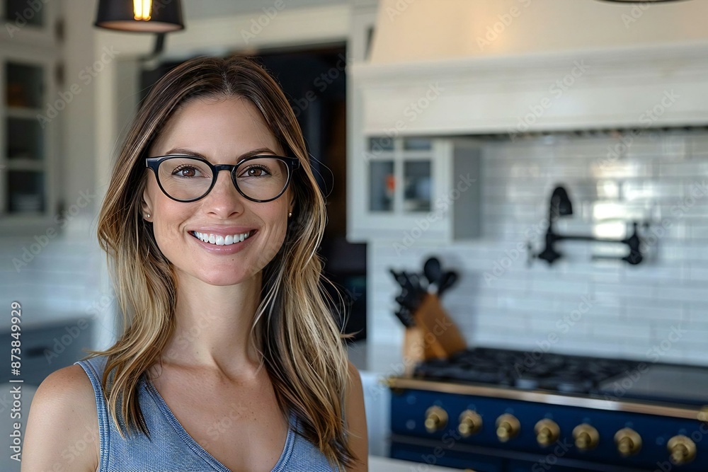 Beautiful woman in her 30s smiling and wearing eyeglasses, standing in ...