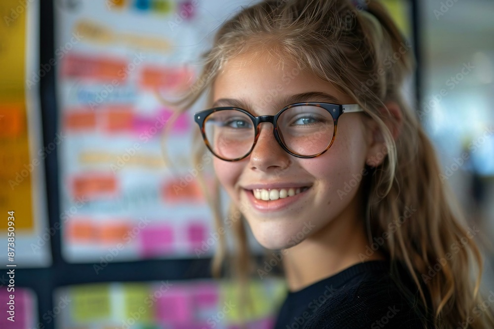 Young Female Student With Dyslexia Wearing Glasses Smiles As She Uses A Young Female Student With Dyslexia Wearing Glasses Smiles As She Uses A