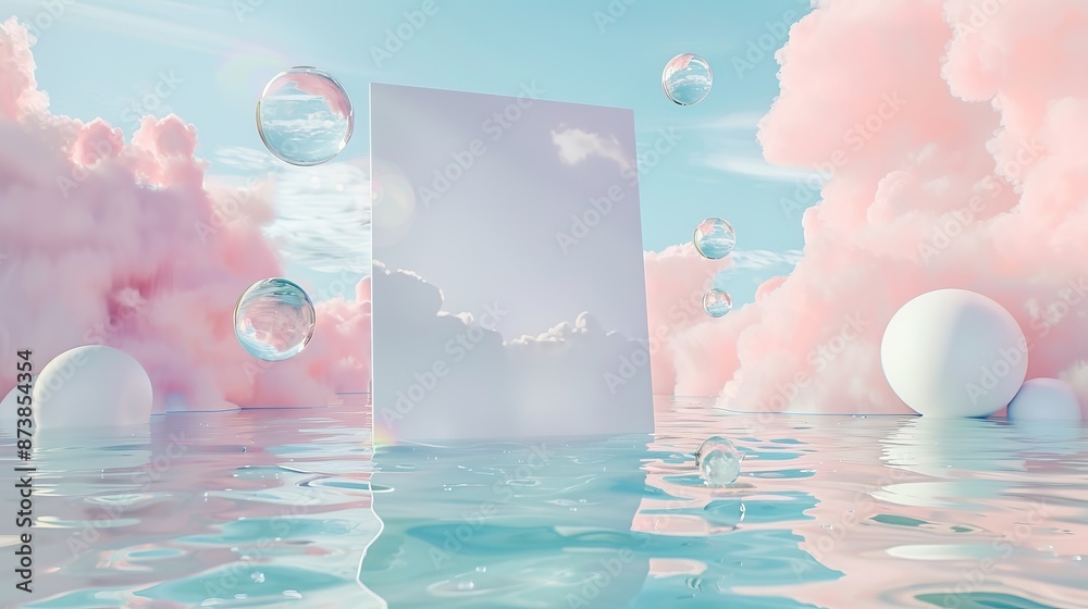 Surreal dreamscape with floating bubbles and abstract shapes in a ...