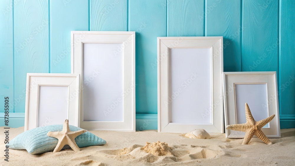 Mockup of white and light blue frames against a beach-themed backdrop ...