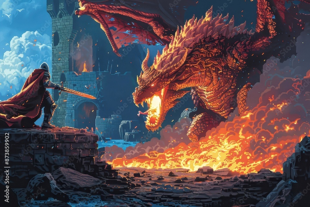Pixel art RPG scene: knight vs. dragon in a dungeon. ilustração do ...
