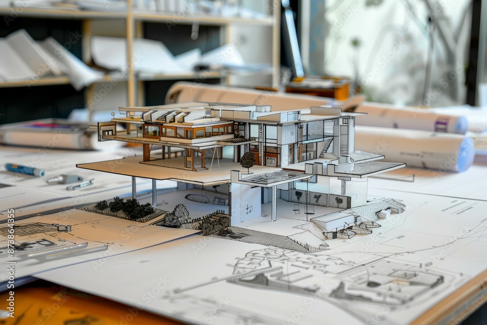 Detailed architectural paper model of a modern house with drafting ...