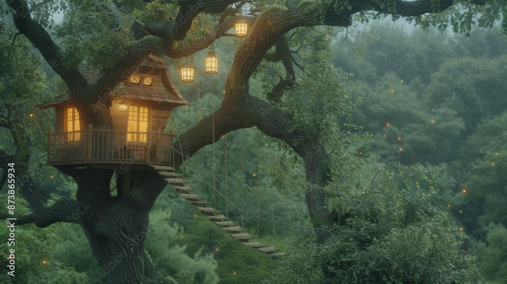 A fantastical treehouse built into a giant ancient oak with a rope ...