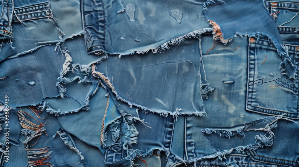 Blue jeans torn and tattered, a tapestry of style. Ripped denim background, a tribute to reuse ...