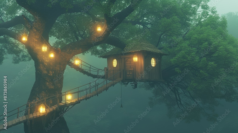 A fantastical treehouse built into a giant ancient oak with a rope ...