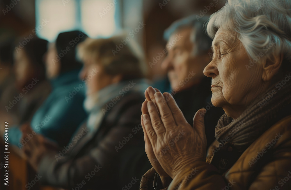 Elderly people praying in church, older women and men with gray hair ...