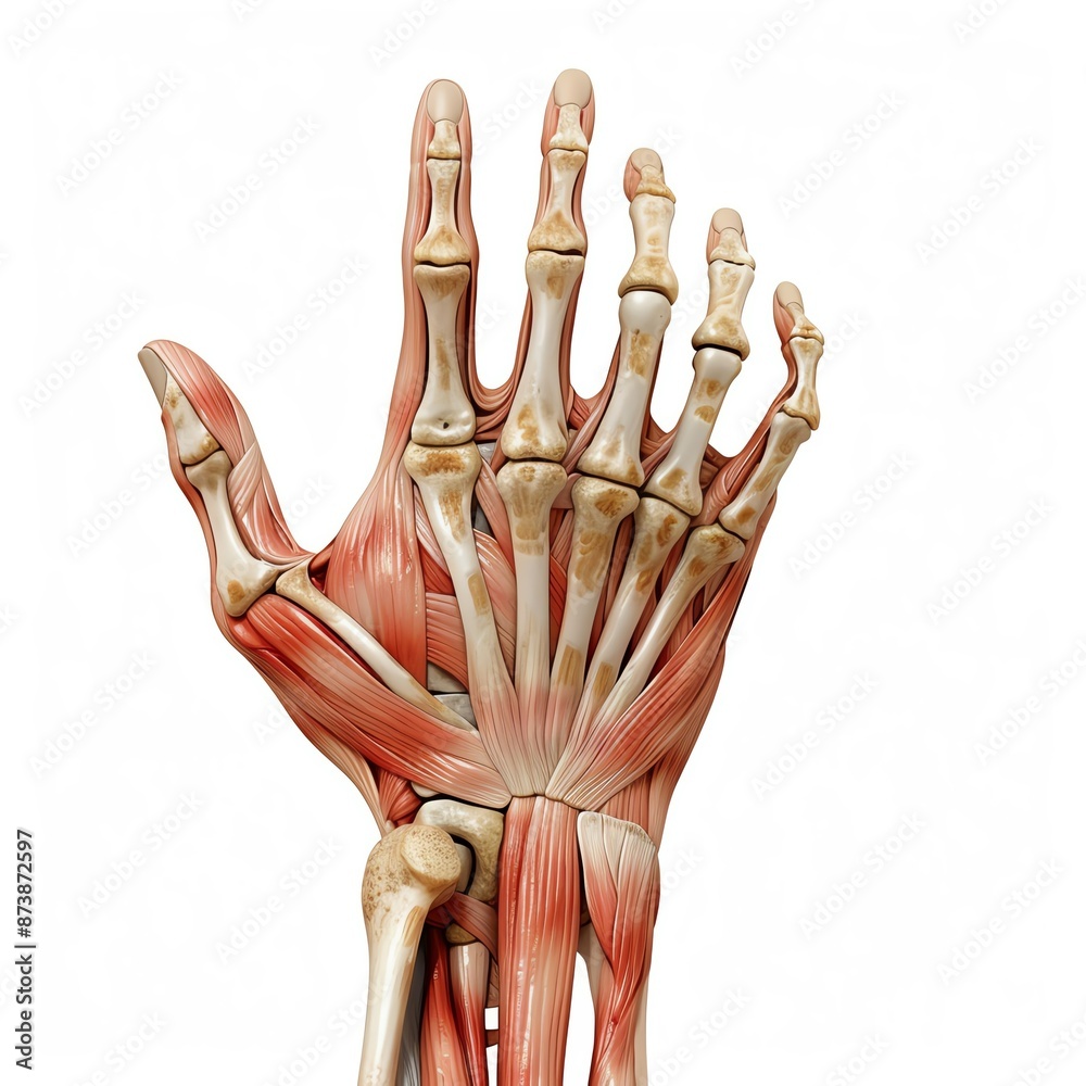 Detailed anatomical illustration of the human hand displaying muscles ...