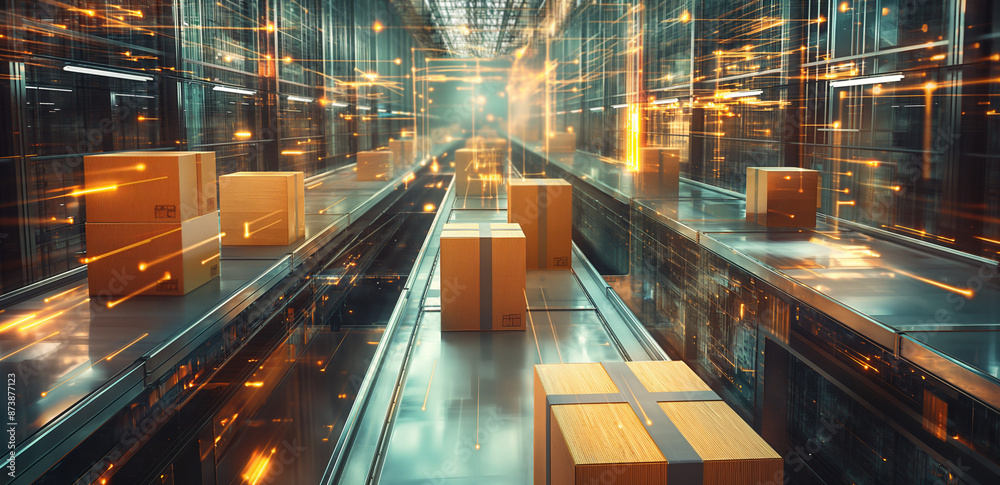 Automated warehouse with cardboard boxes moving on conveyor belts and ...