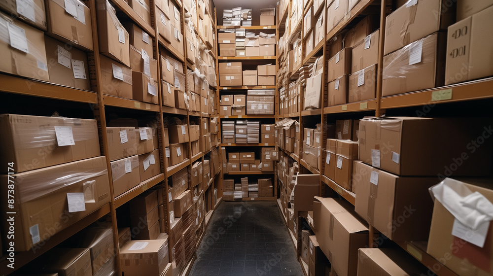 Stacked cardboard boxes in a warehouse storage aisle with organized ...