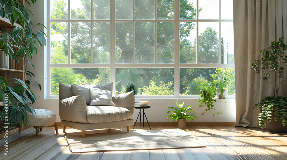 Modern contemporary living room, light and shadow, big window, interior ...