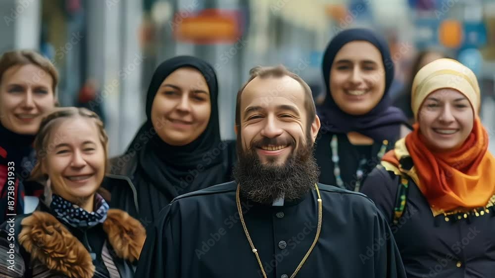Portrait of smiling multinational people different religions stand ...
