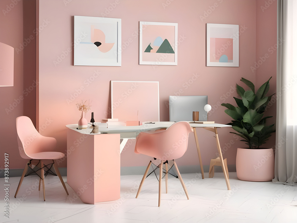 Workplace in peach fuzz 2024 color trend furniture. Painted gray walls ...