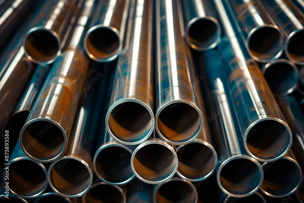 Large piles of steel pipes and tubes, showing off the reflective metal ...