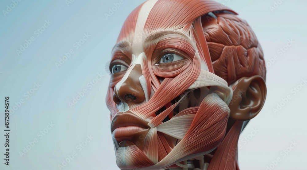 A woman's face is shown with the muscles of her face and neck. The ...