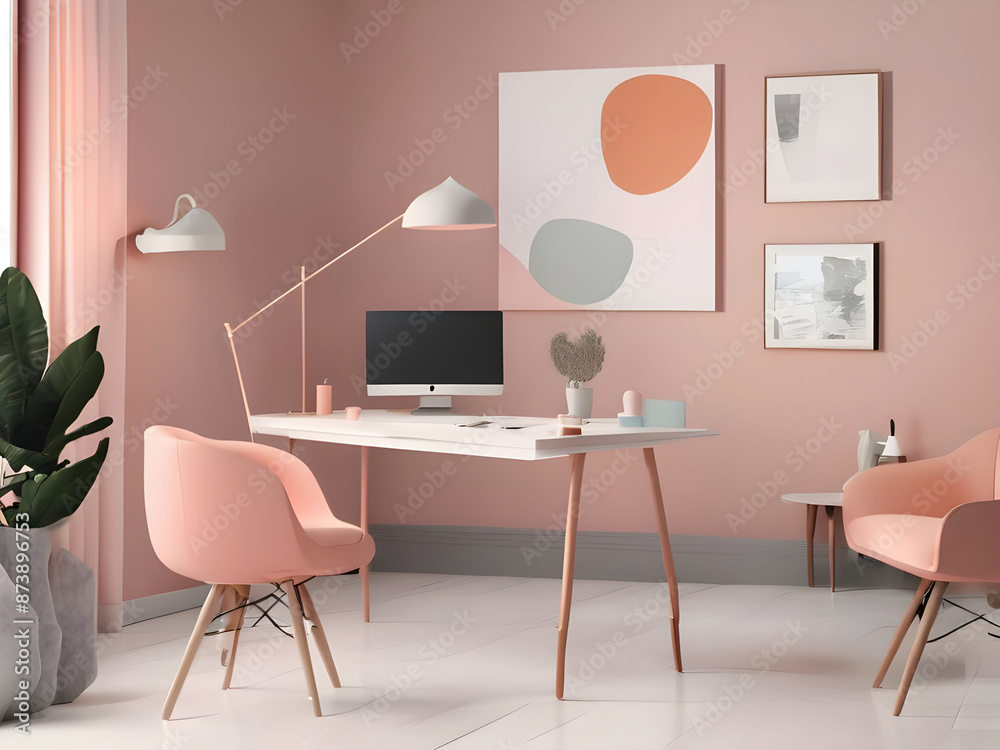 Workplace in peach fuzz 2024 color trend furniture. Painted gray walls ...