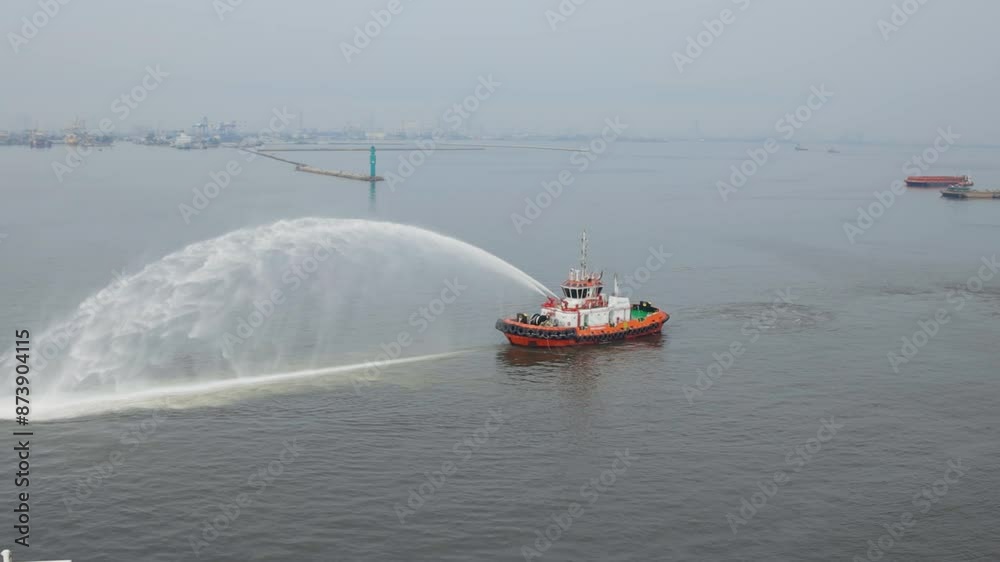 A Boat Performs A Water Salute By Spraying Water From It's Fire ...