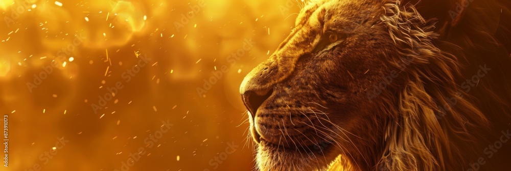 World Lion Day. Portrait of a lion against the backdrop of the savannah ...
