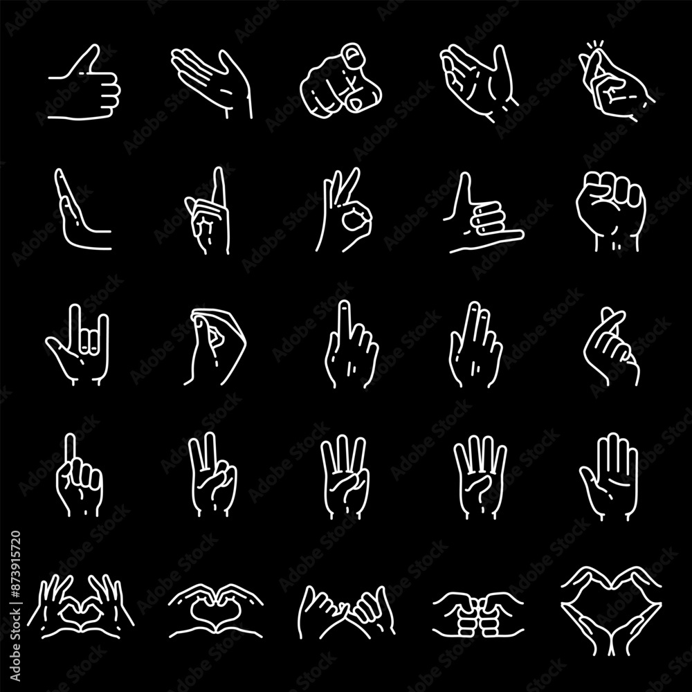 Hand gestures, white line icons. Finger gestures thumbs up, OK, and ...