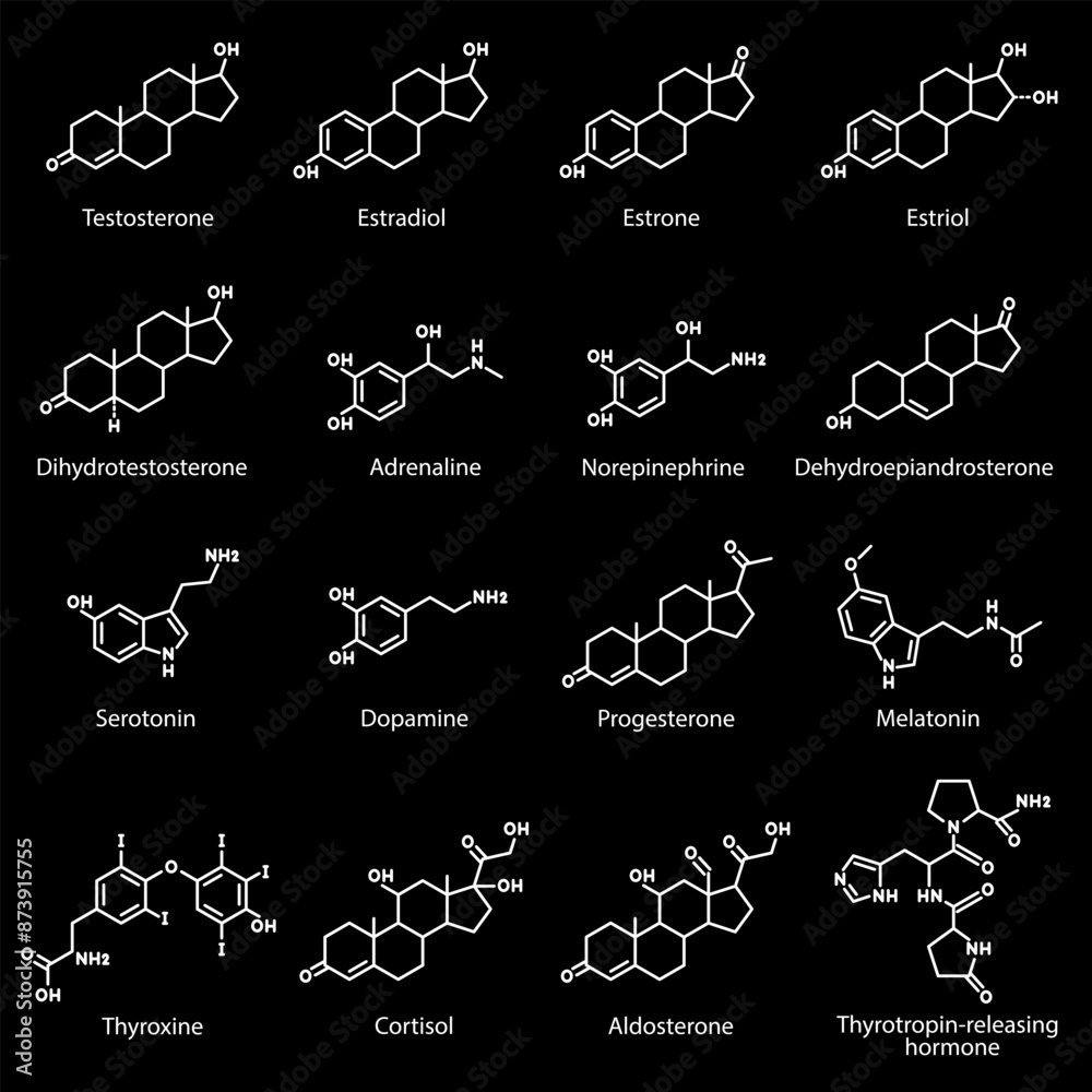 Hormones, white line icons. Chemical structures secreted by glands like ...