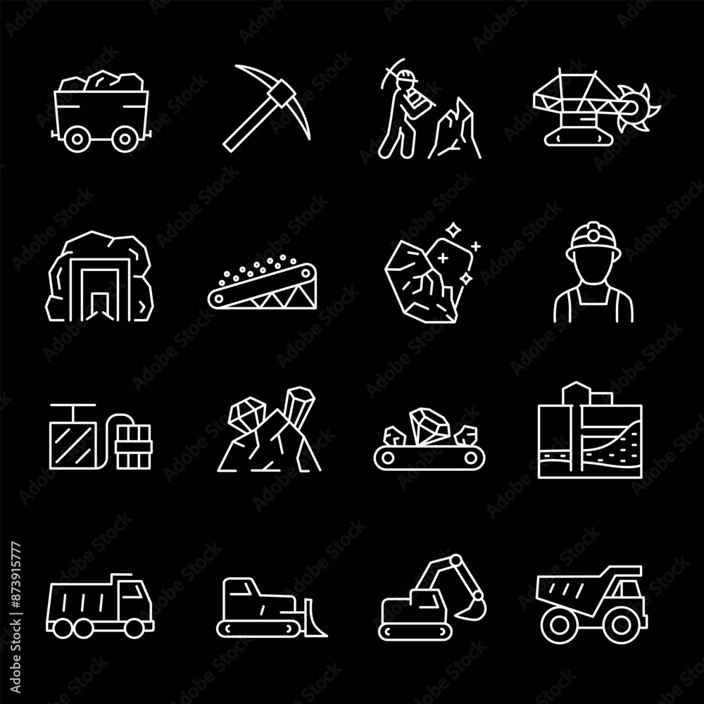 Mining, white line icons. Extraction of minerals from mines and ...