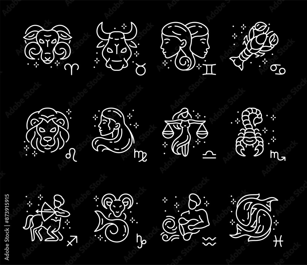 Zodiac signs, white line icons. Horoscope symbols Aries, Taurus, Gemini ...